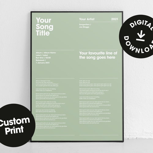 Personalised Song Lyric Print Poster Wall Art | Etsy UK