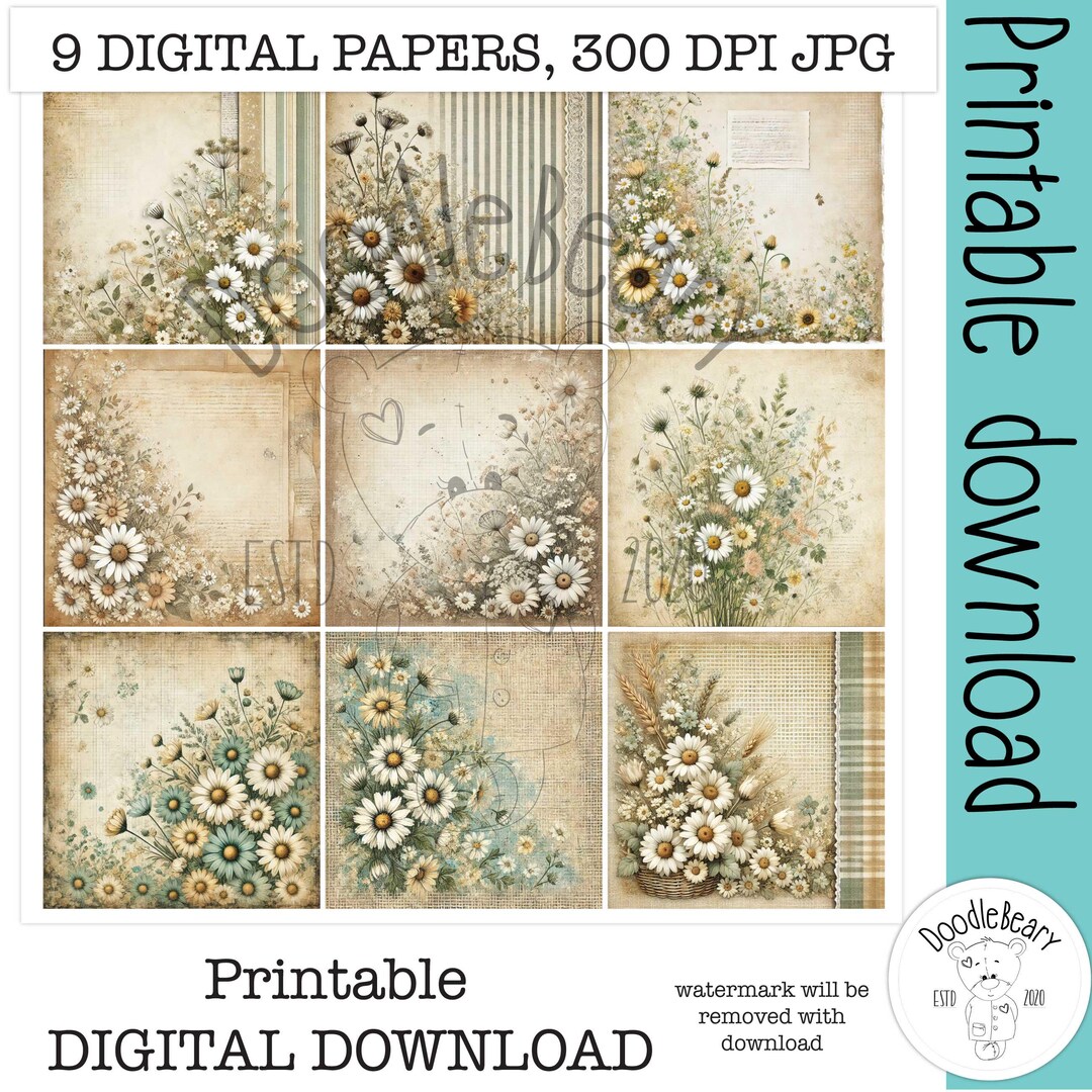 Vintage Daisy Digital Papers, Digital Prints, Rice Paper Printable ...