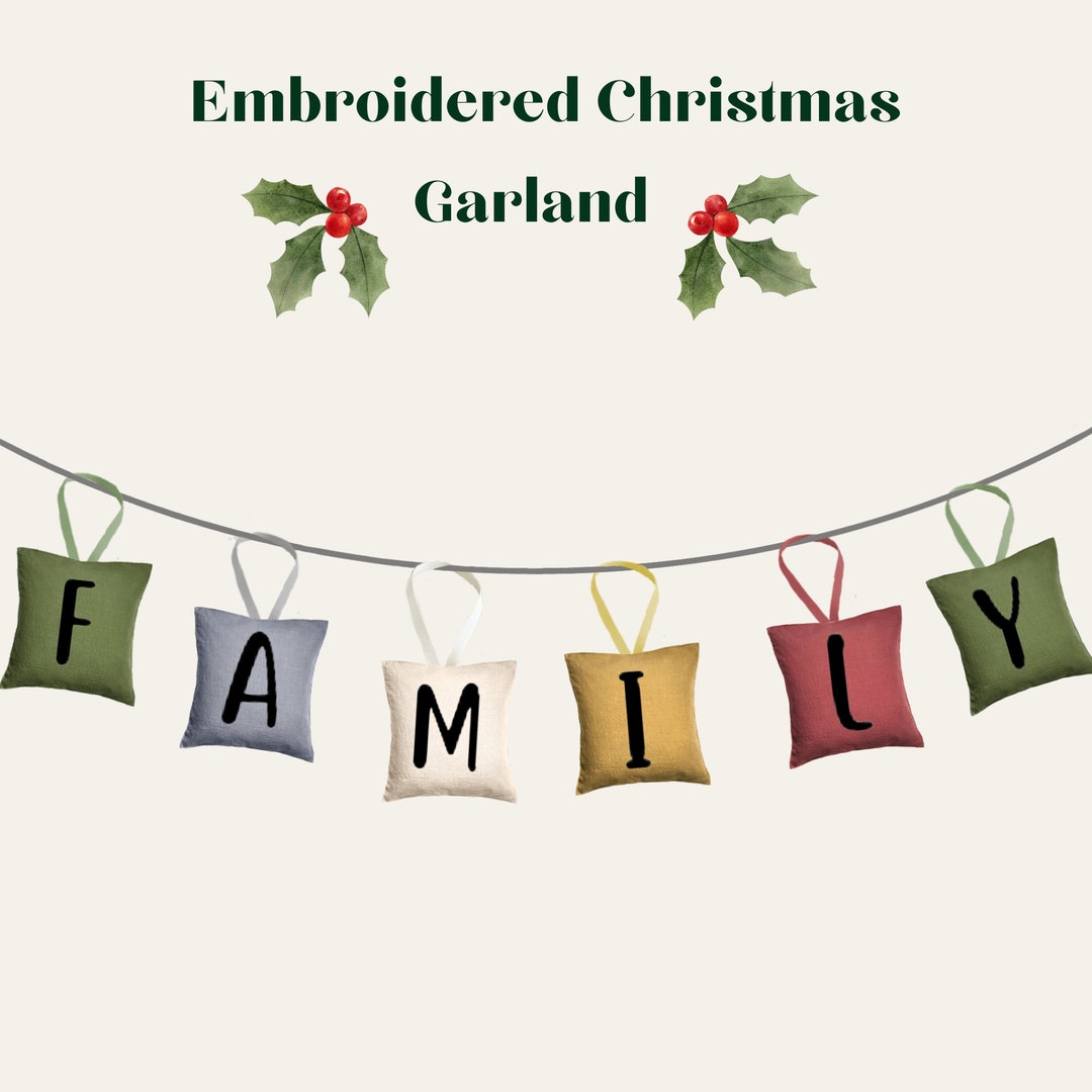 Personalized Linen Garland Fireplace Decor, Embroidered Customized ...