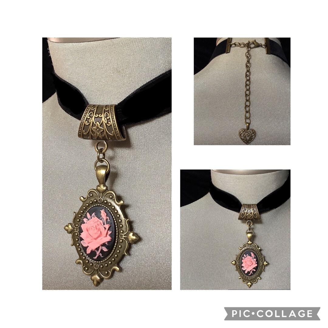 Rose Choker, Gothic Choker, Velvet Choker, Rose Necklace, Pink Rose ...