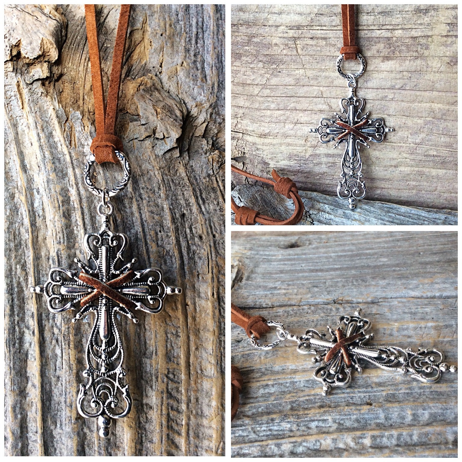 Silver Cross Necklace Rustic Crucifix Crucifix Jewelry Male | Etsy