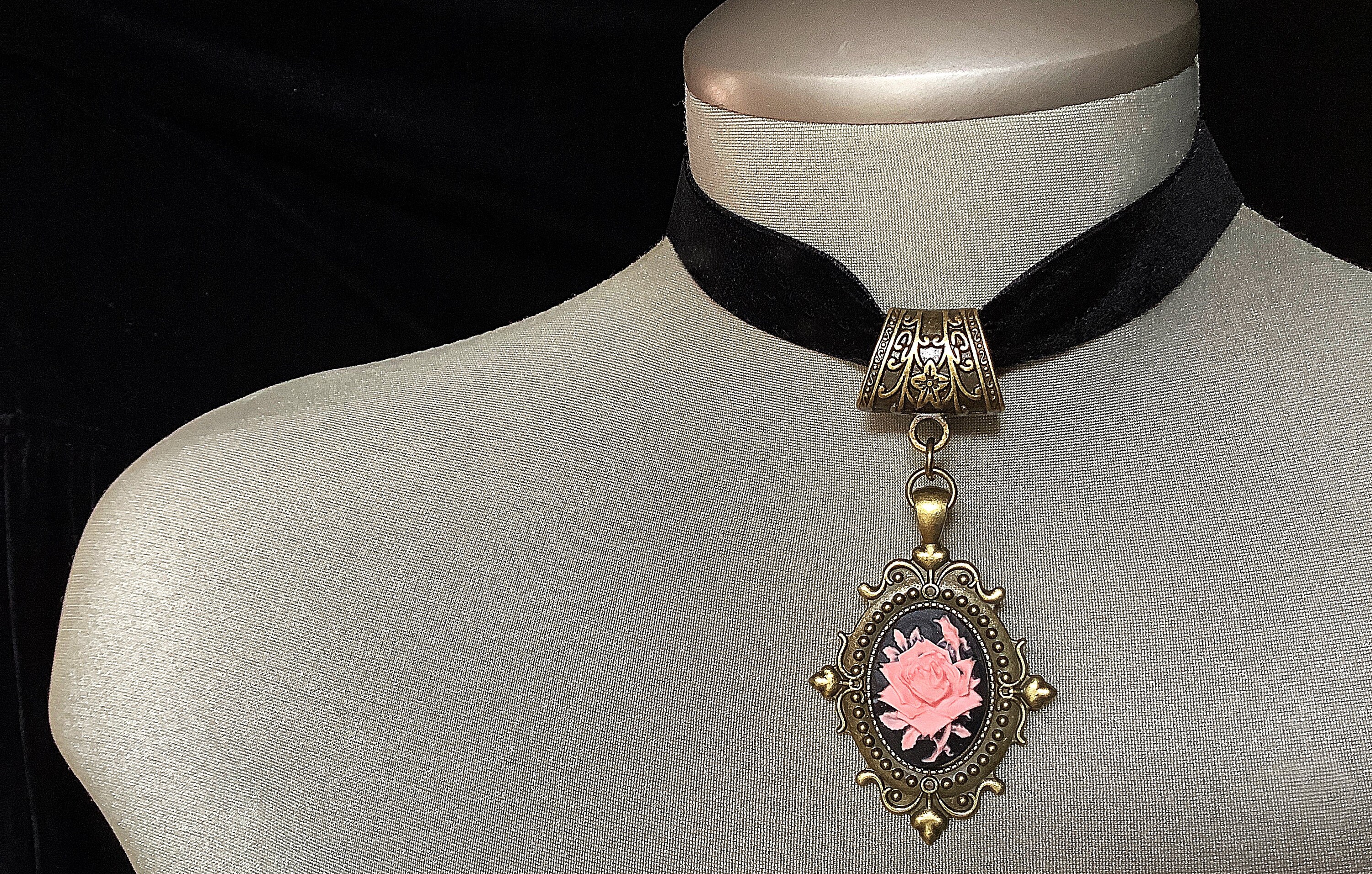 Rose Choker, Gothic Choker, Velvet Choker, Rose Necklace, Pink Rose ...