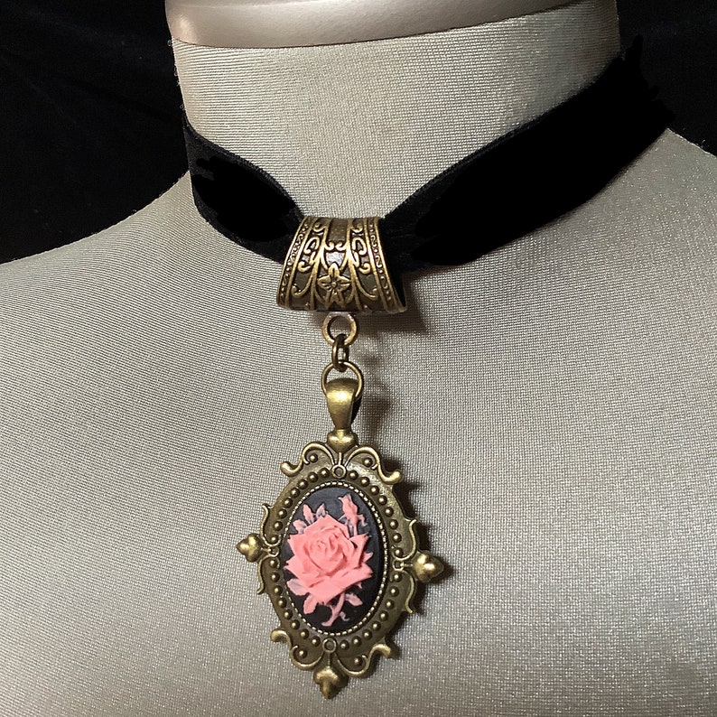 Rose Choker, Gothic Choker, Velvet Choker, Rose Necklace, Pink Rose ...