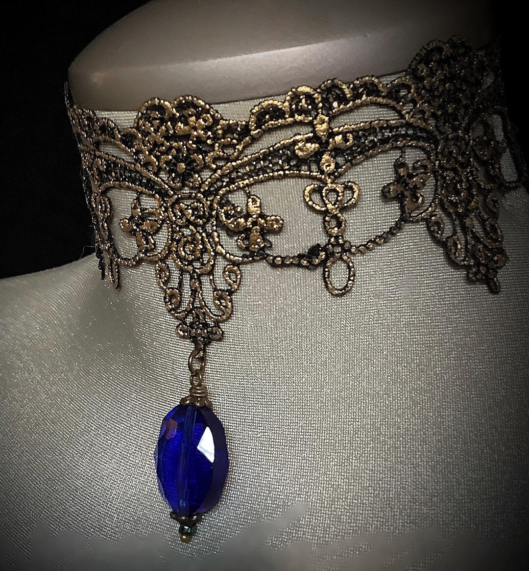 Blue Sapphire Choker, Bridal Jewelry, Antique Gold Necklace, Adjustable ...