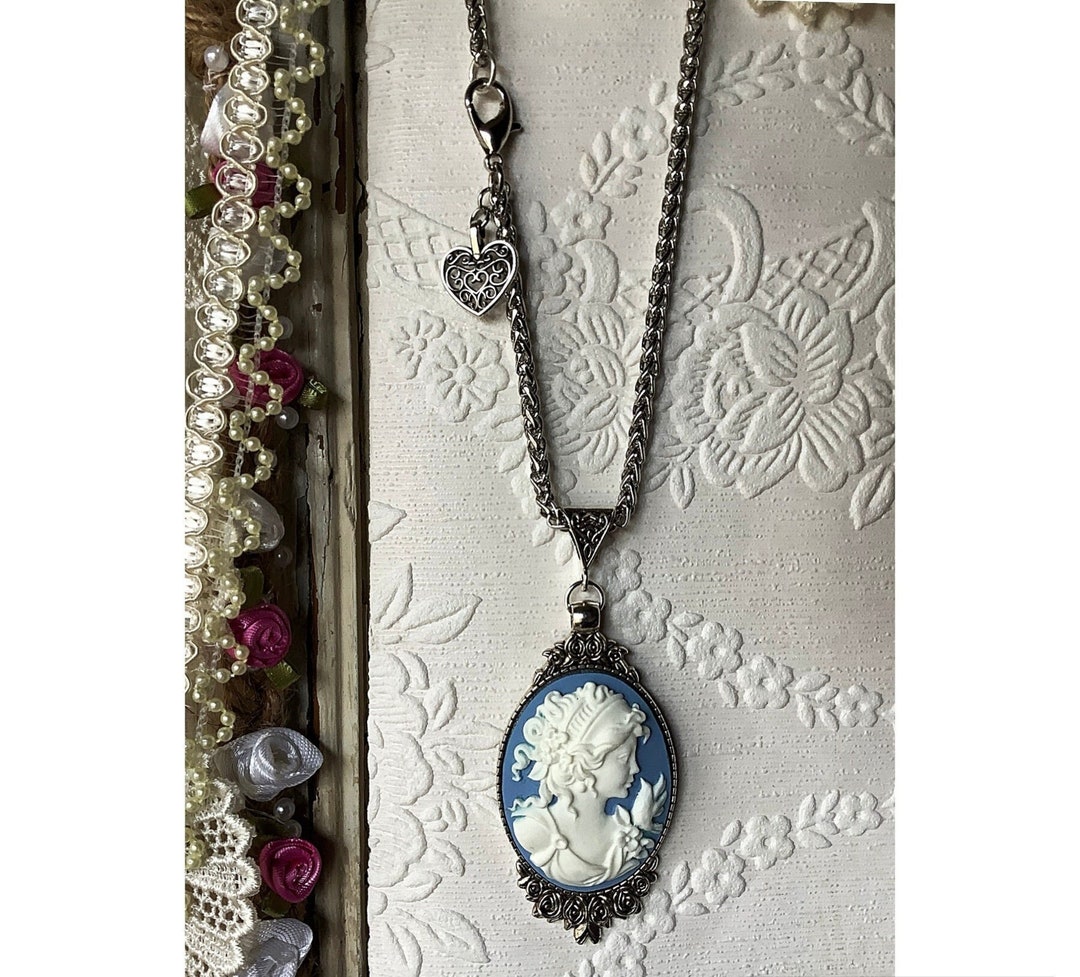 Wedgwood Blue Cameo, Portrait Lady Cameo, Antique Silver Pendant, Cameo ...
