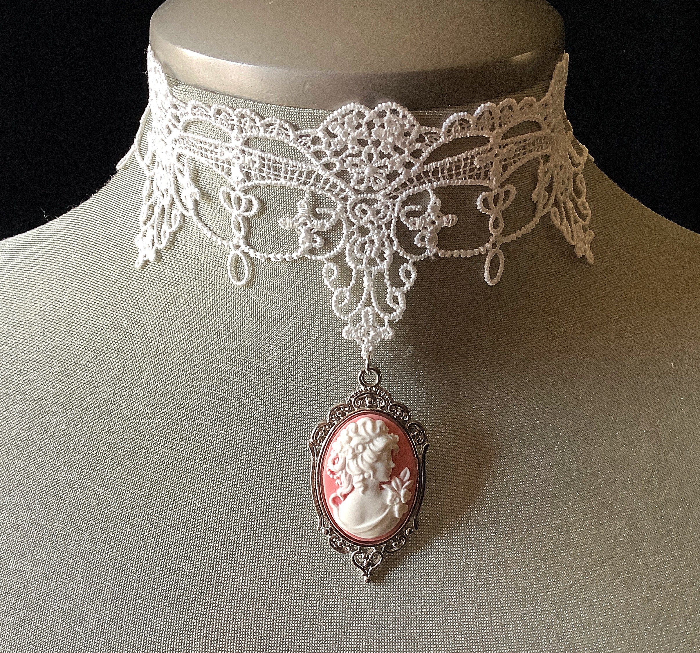 Bridal Lace Choker, Lace Choker, White Lace Choker, Pink Cameo Choker ...