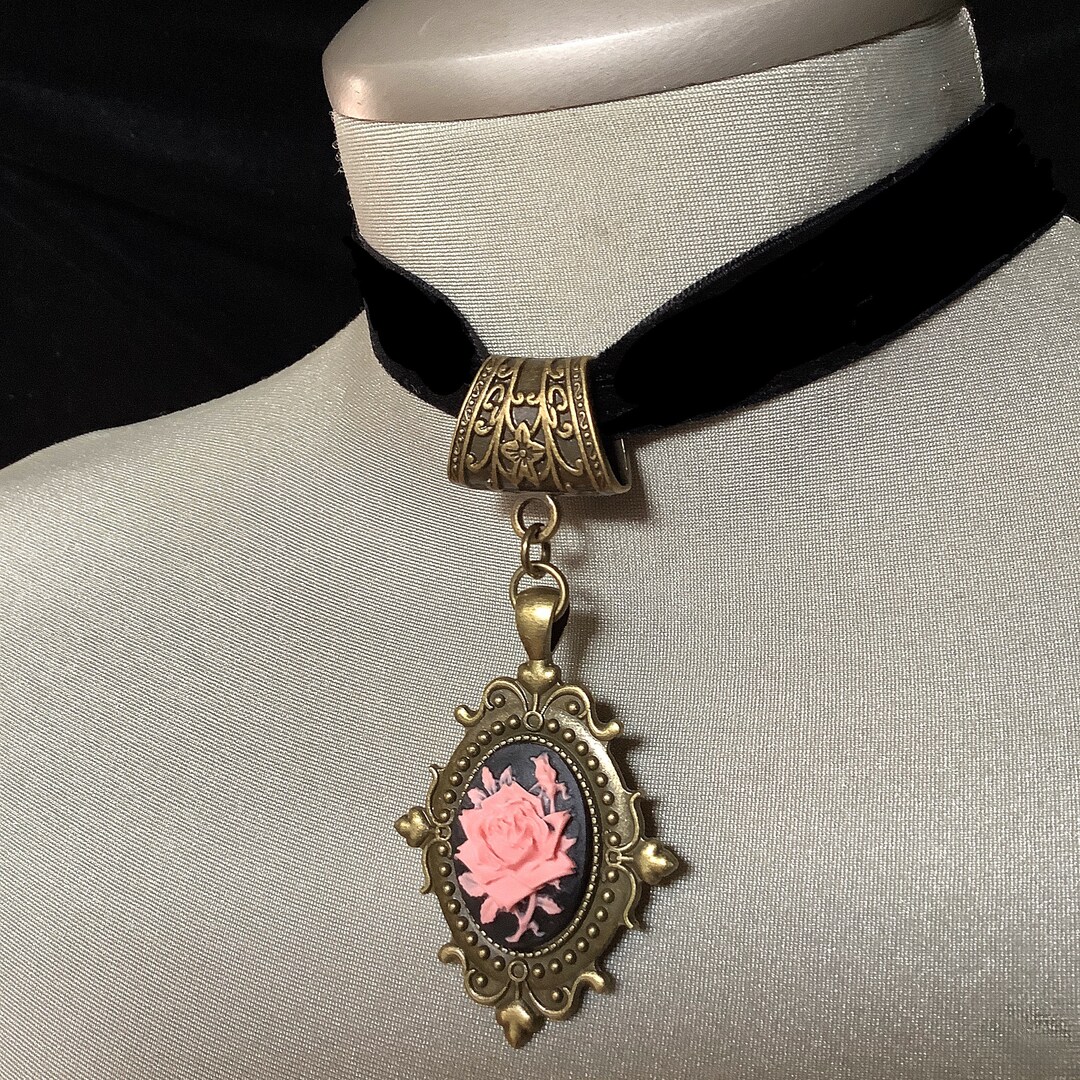 Rose Choker, Gothic Choker, Velvet Choker, Rose Necklace, Pink Rose ...