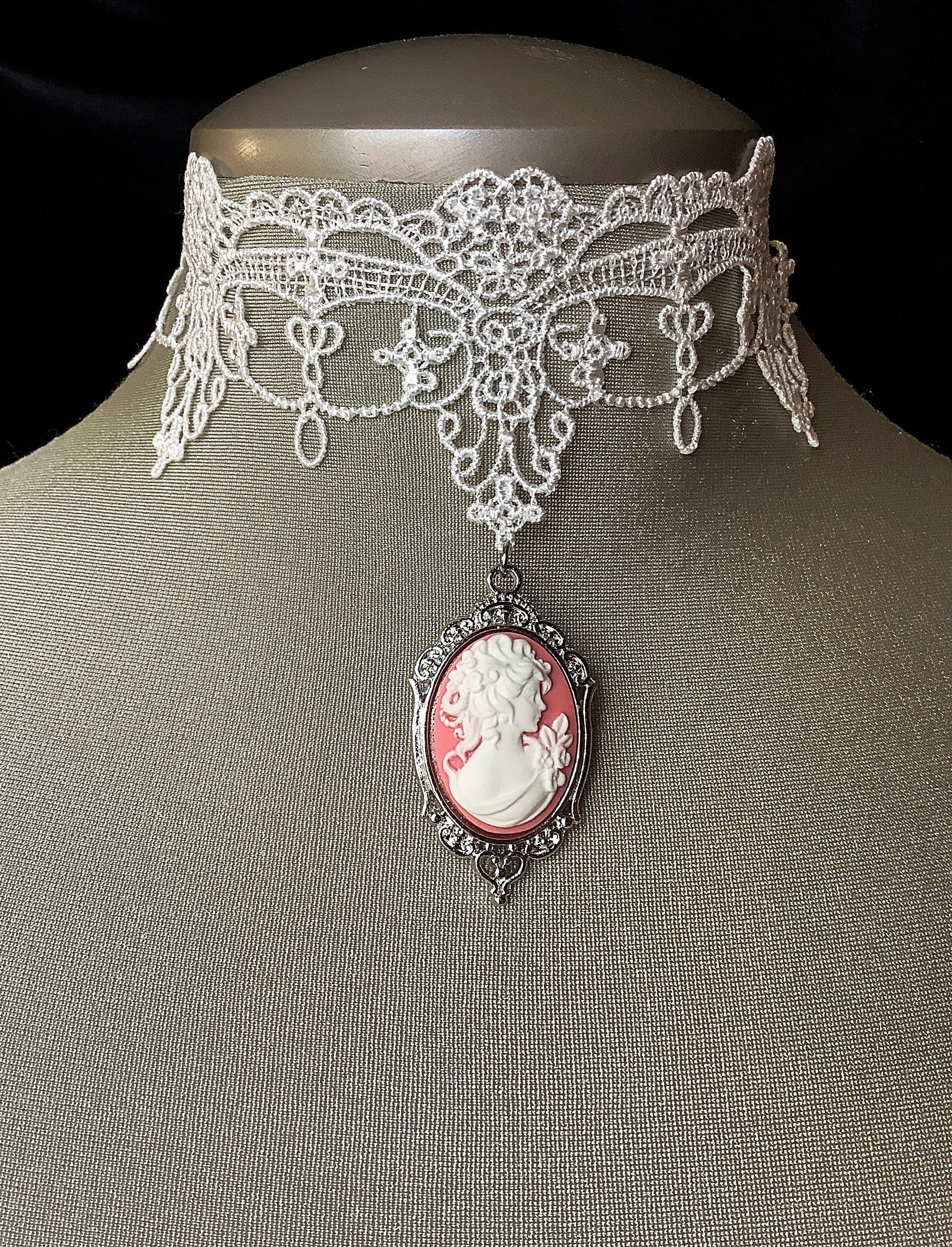 Bridal Lace Choker, Lace Choker, White Lace Choker, Pink Cameo Choker ...
