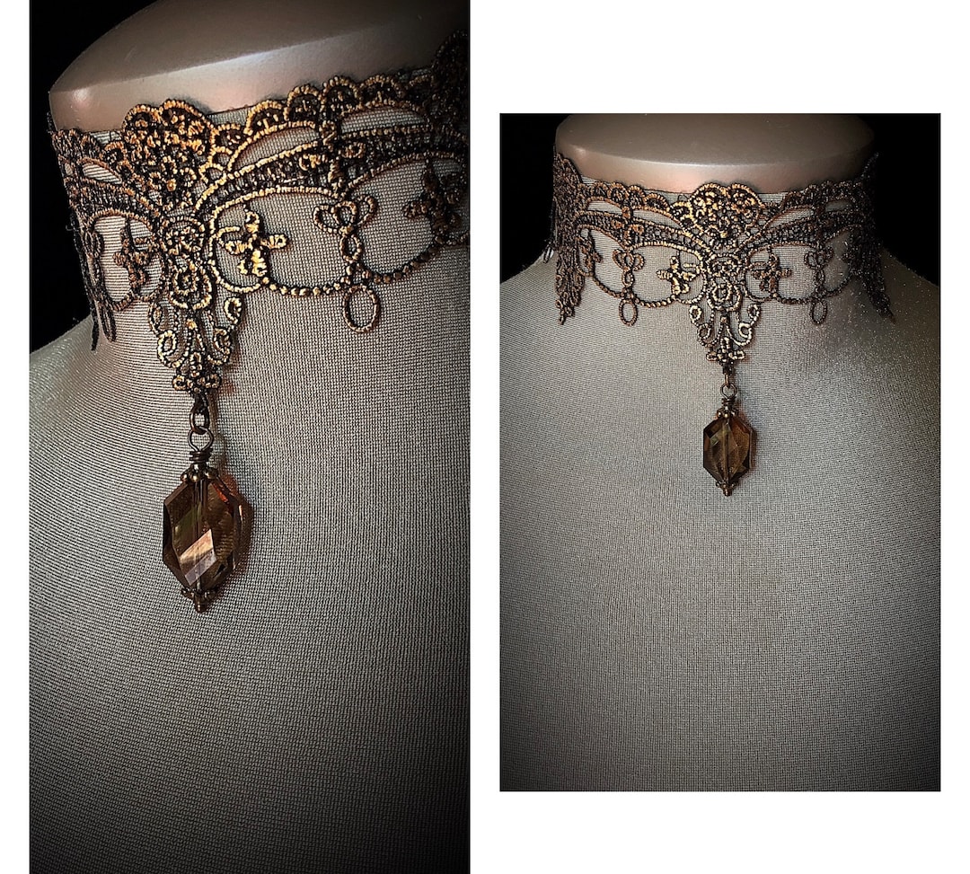 Antique Gold Lace, Choker, Intricate Lace, Adjustable, Taupe Crystal ...