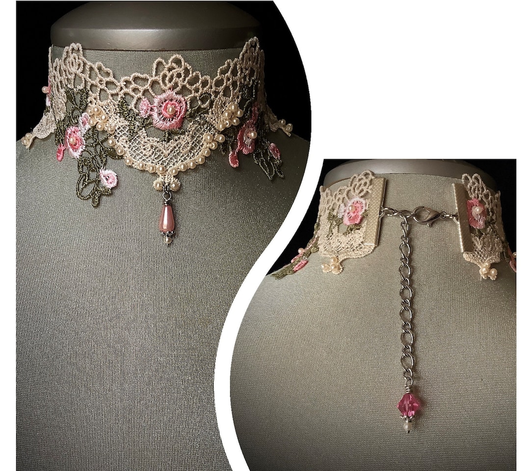 Pearl Choker, Pearl Necklace, Antique, Rose Lace Choker, Vintage Lace ...