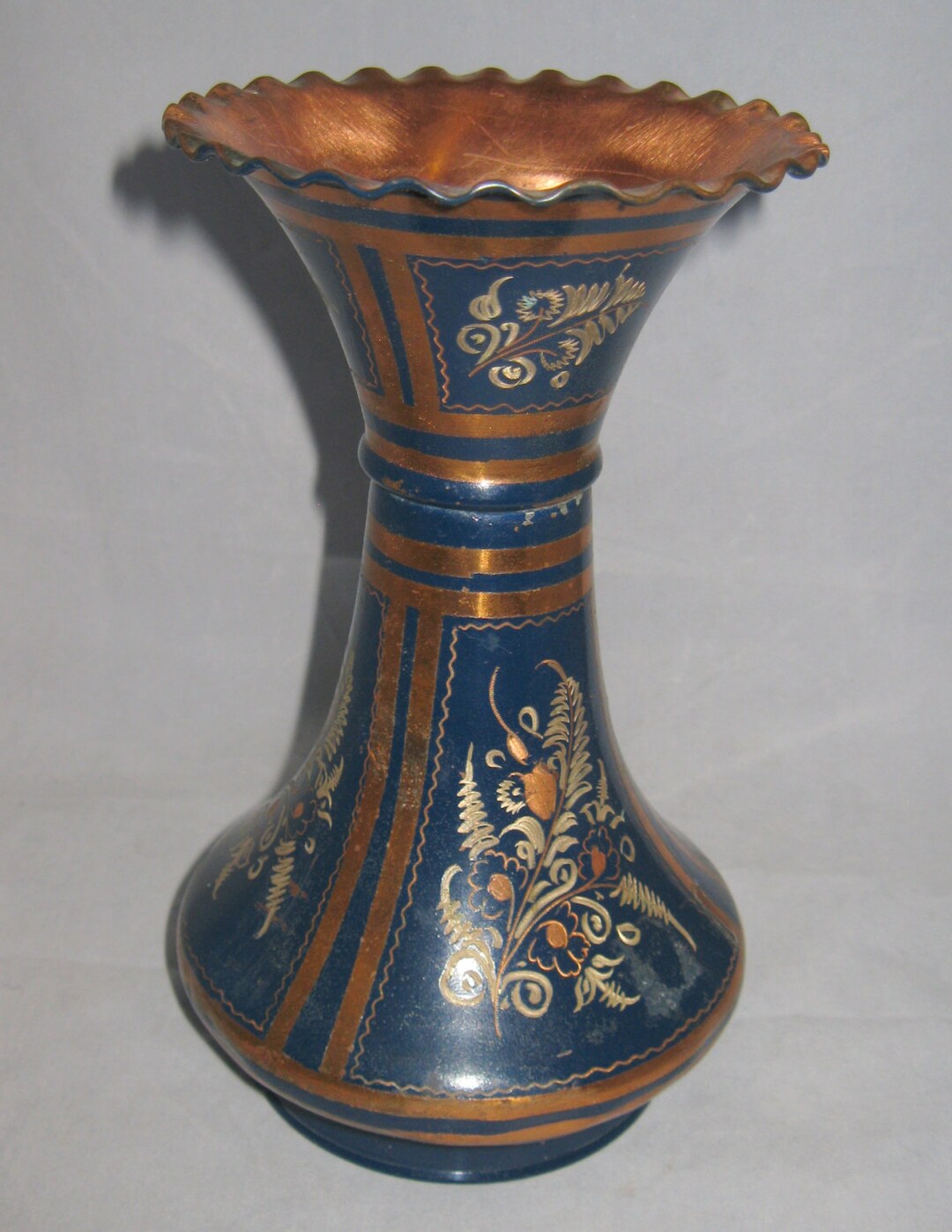 Vintage Copper Vase With Floral Design Hand Decorated Through Blue ...
