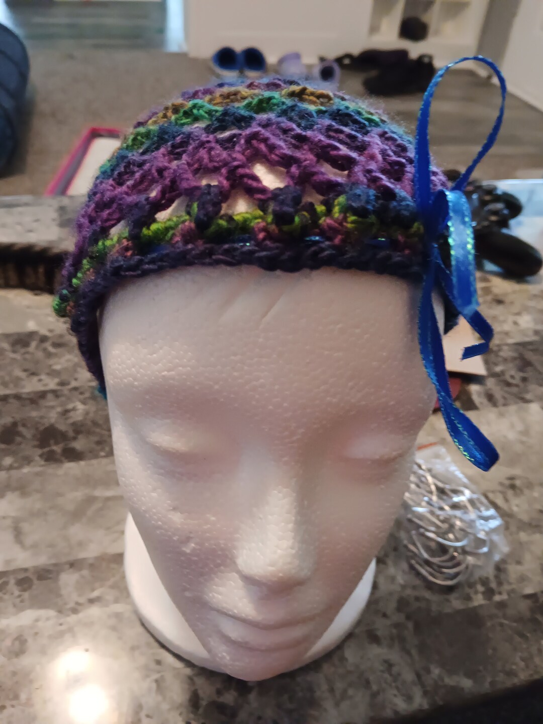 Crochet Snood Hair Net Made With Gossamer Color Yarn and a Blue Ribbon ...