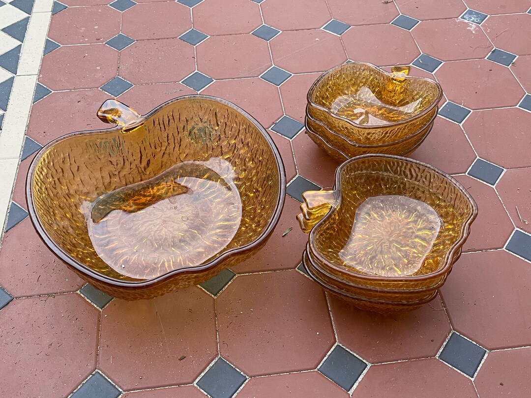 Vintage Amber Dessert Bowl and Matching Dishes, Amberware, Leaf Shape ...