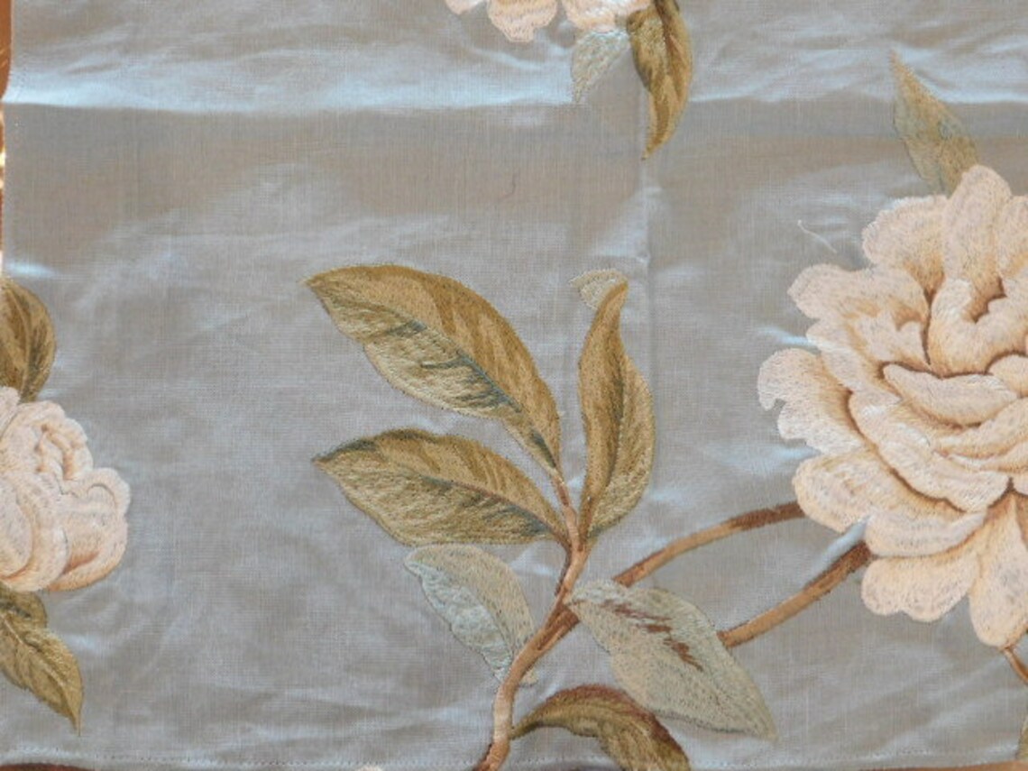 COLEFAX & FOWLER Shabby Cabbage Roses Embroidered Linen Fabric 3 Yards ...