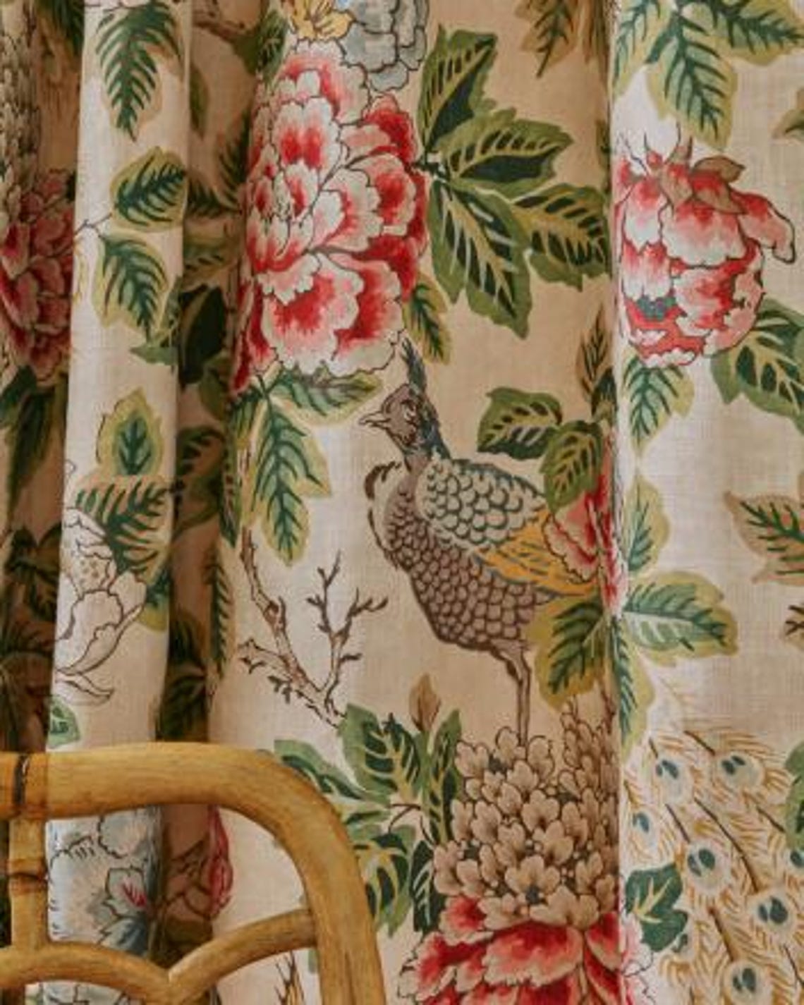COLEFAX & FOWLER Lovely Birds Floral Linen Print Fabric 10 Yards Pink ...