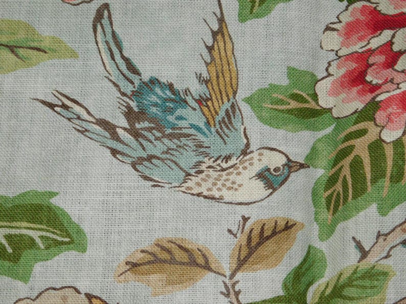 COLEFAX & FOWLER Lovely Birds Floral Linen Print Fabric 10 Yards Aqua ...