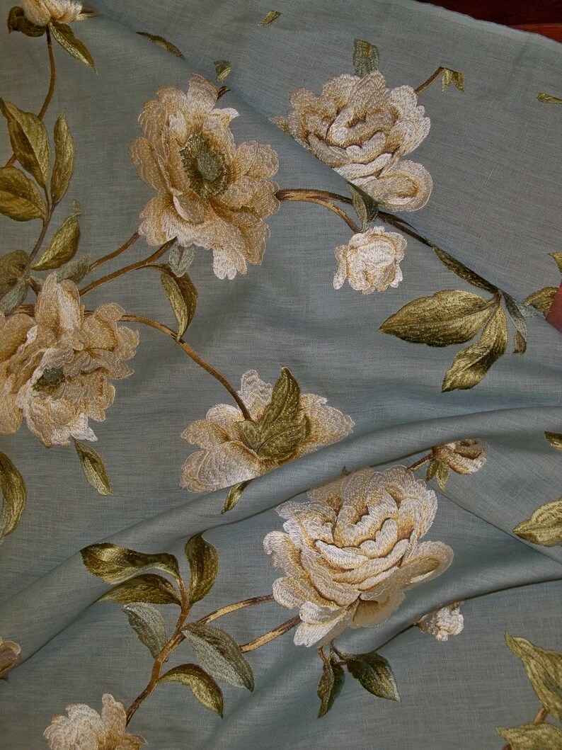 COLEFAX & FOWLER Shabby Cabbage Roses Embroidered Linen Fabric 3 Yards ...