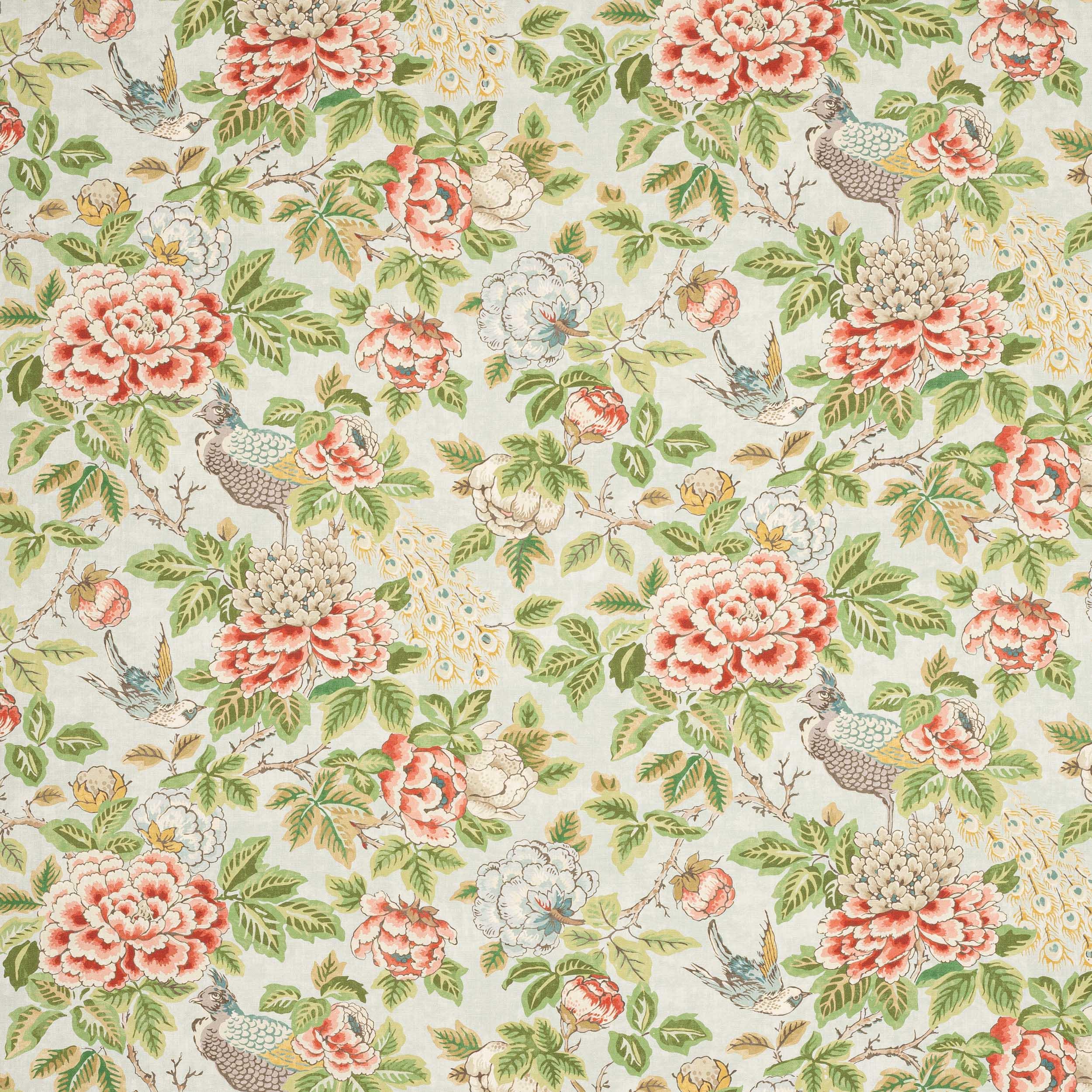 COLEFAX & FOWLER Lovely Birds Floral Linen Print Fabric 10 Yards Aqua ...