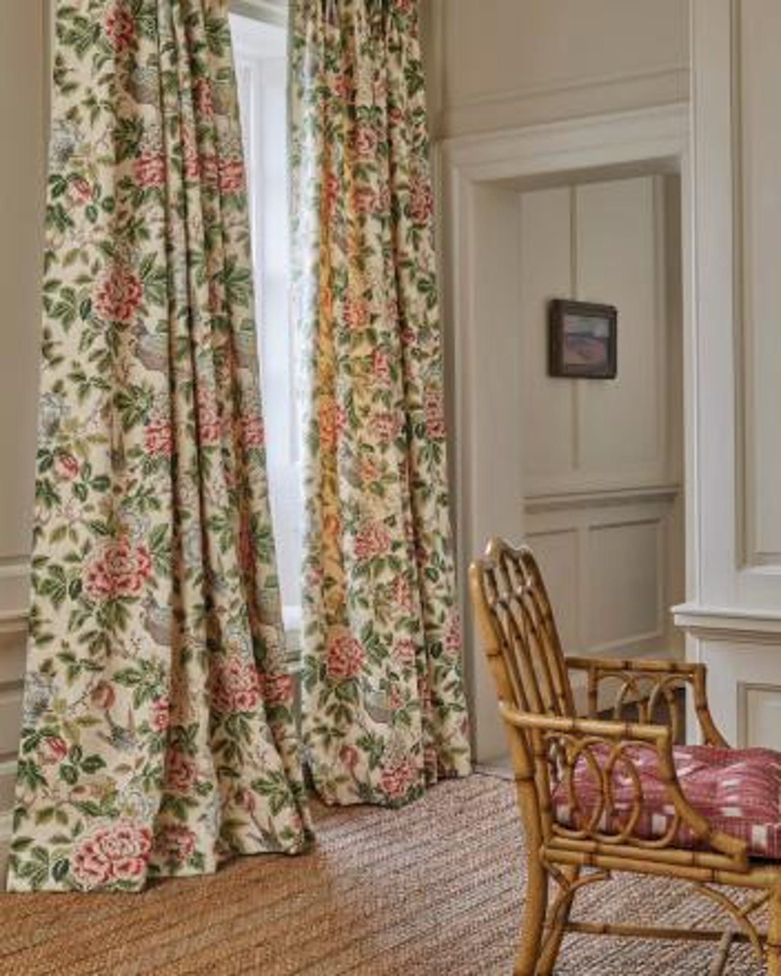 COLEFAX & FOWLER Lovely Birds Floral Linen Print Fabric 10 Yards Pink ...