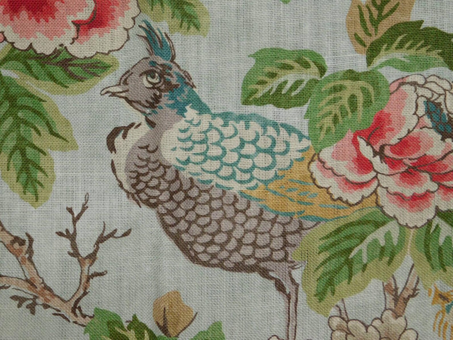 COLEFAX & FOWLER Lovely Birds Floral Linen Print Fabric 10 Yards Aqua ...