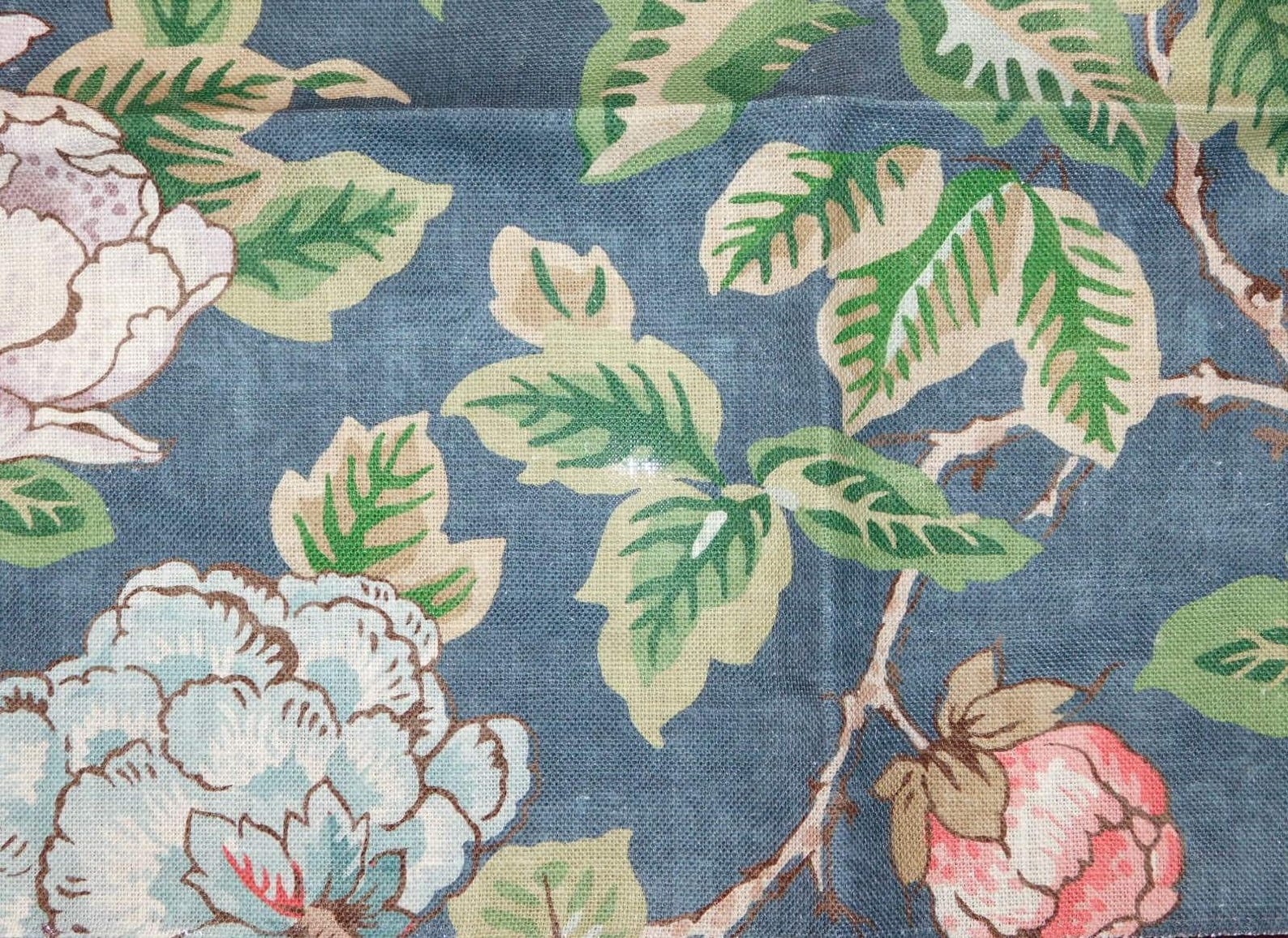 COLEFAX & FOWLER Lovely Birds Floral Linen Print Fabric 10 Yards Navy ...