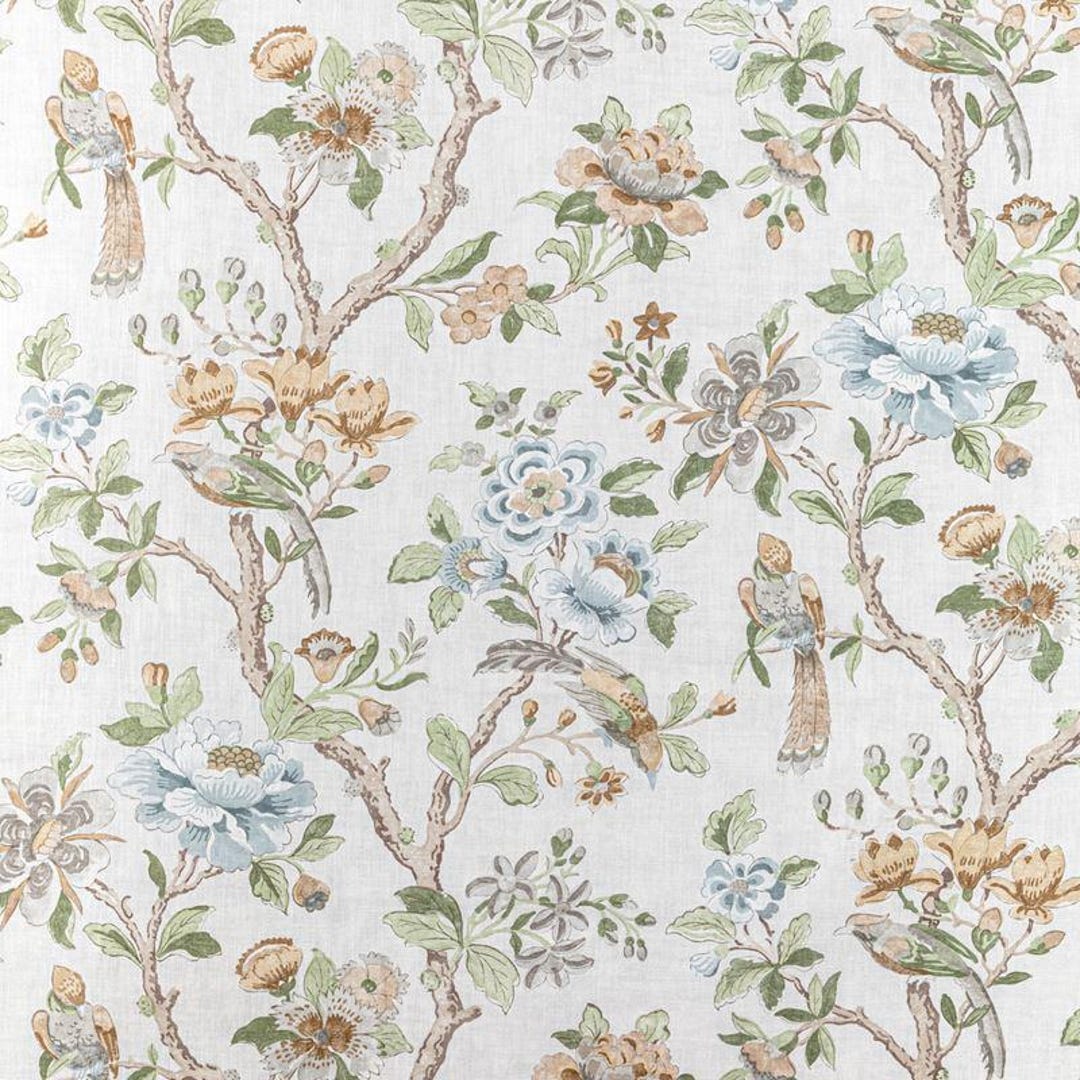 KRAVET COUTURE Cabbage Roses Birds Tree of Life Viscose Linen Fabric 10 ...