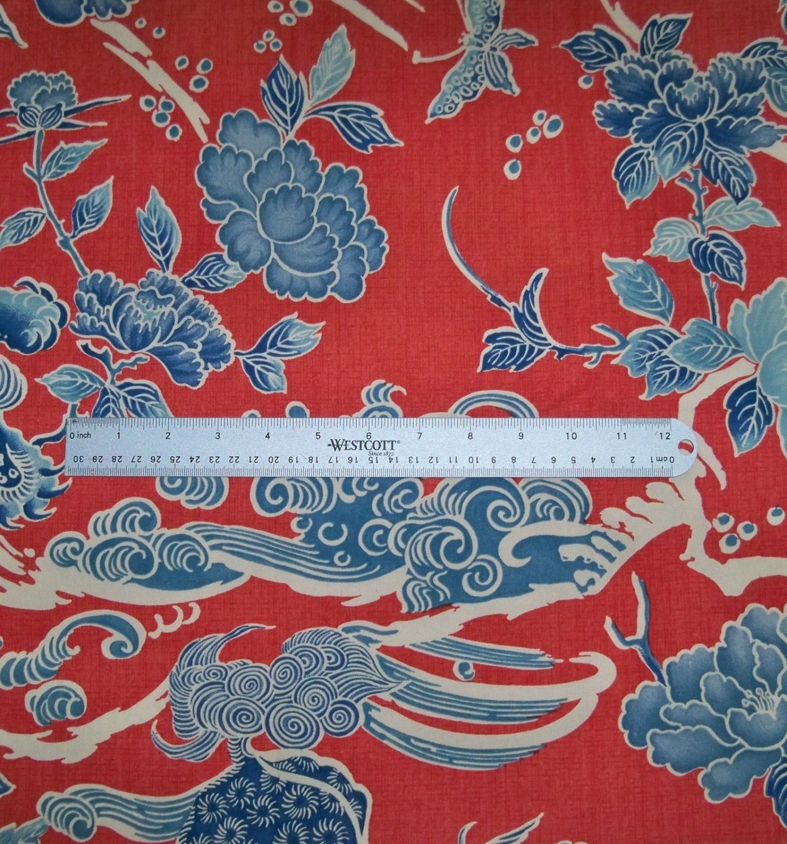 BRUNSCHWIG & FILS Chinoiserie SHISHI Dog Toile Fabric 10 Yards Red Blue ...
