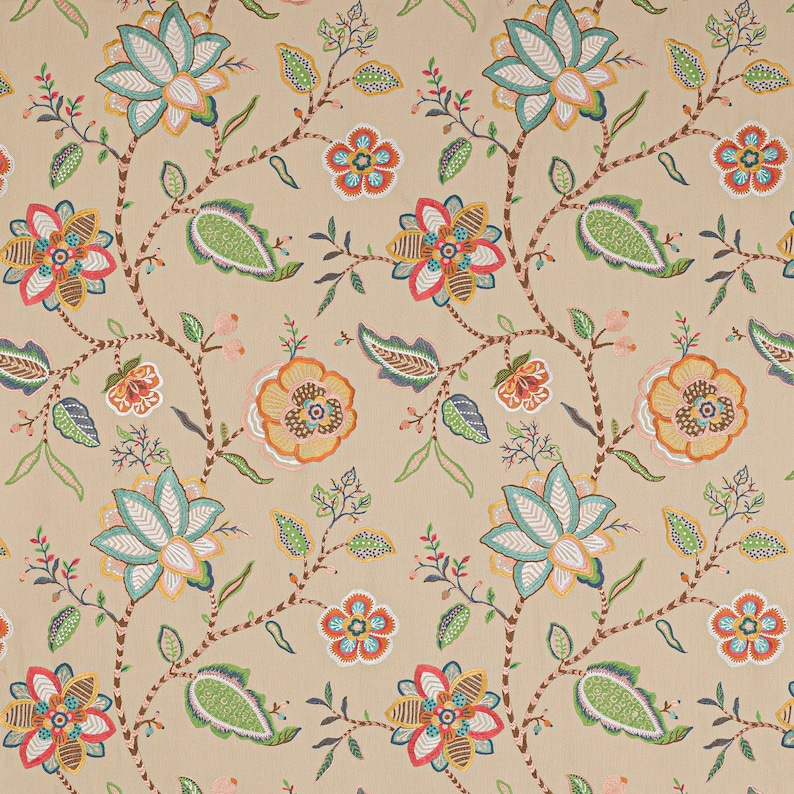 JANE CHURCHILL Scrolling Jacobean Floral Embroidered Linen Cotton ...