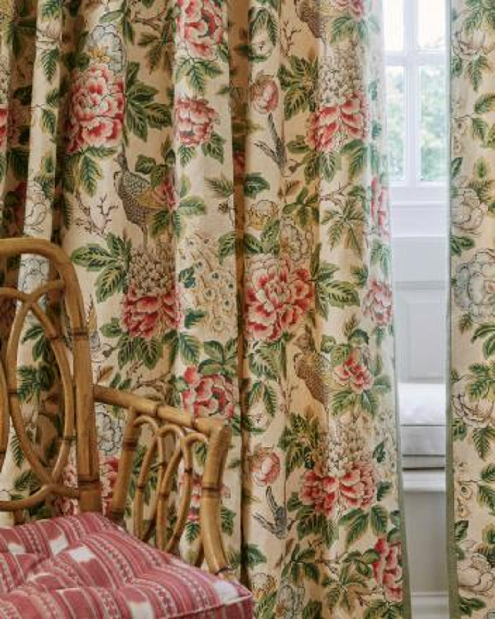 COLEFAX & FOWLER Lovely Birds Floral Linen Print Fabric 10 Yards Pink ...