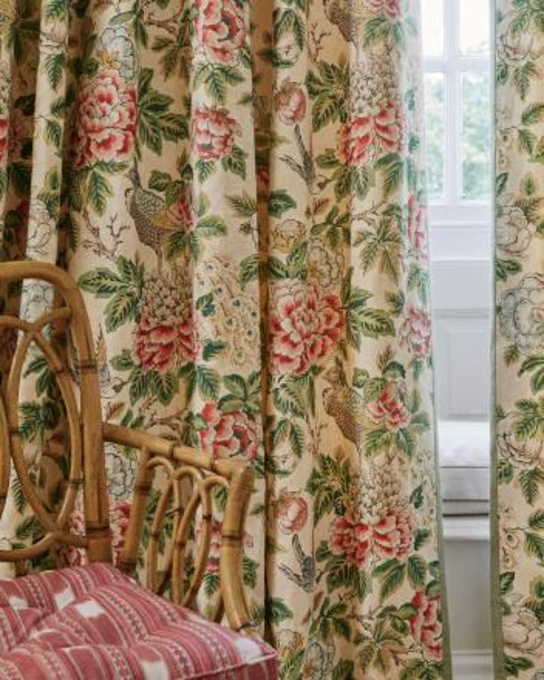 COLEFAX & FOWLER Lovely Birds Floral Linen Print Fabric 10 Yards Pink ...