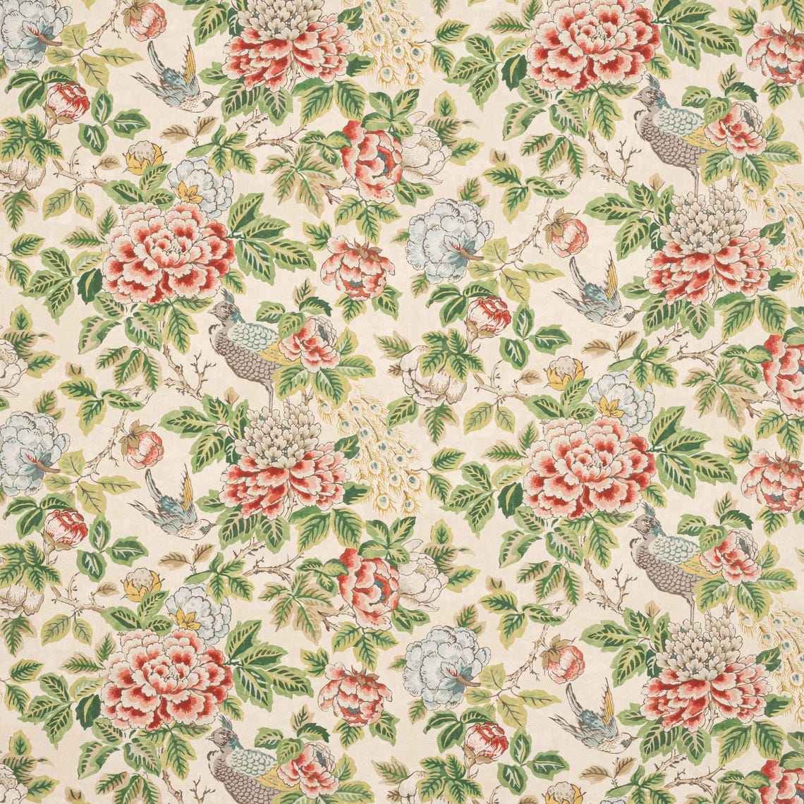 COLEFAX & FOWLER Lovely Birds Floral Linen Print Fabric 10 Yards Pink ...