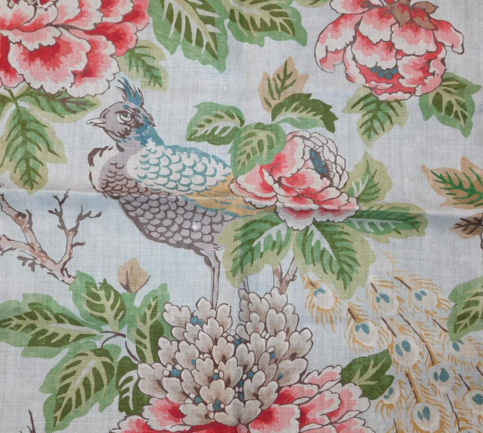 COLEFAX & FOWLER Lovely Birds Floral Linen Print Fabric 10 Yards Aqua ...