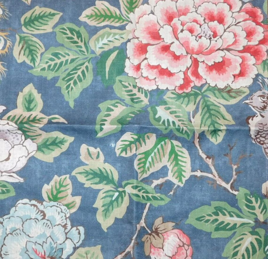 COLEFAX & FOWLER Lovely Birds Floral Linen Print Fabric 10 Yards Navy ...
