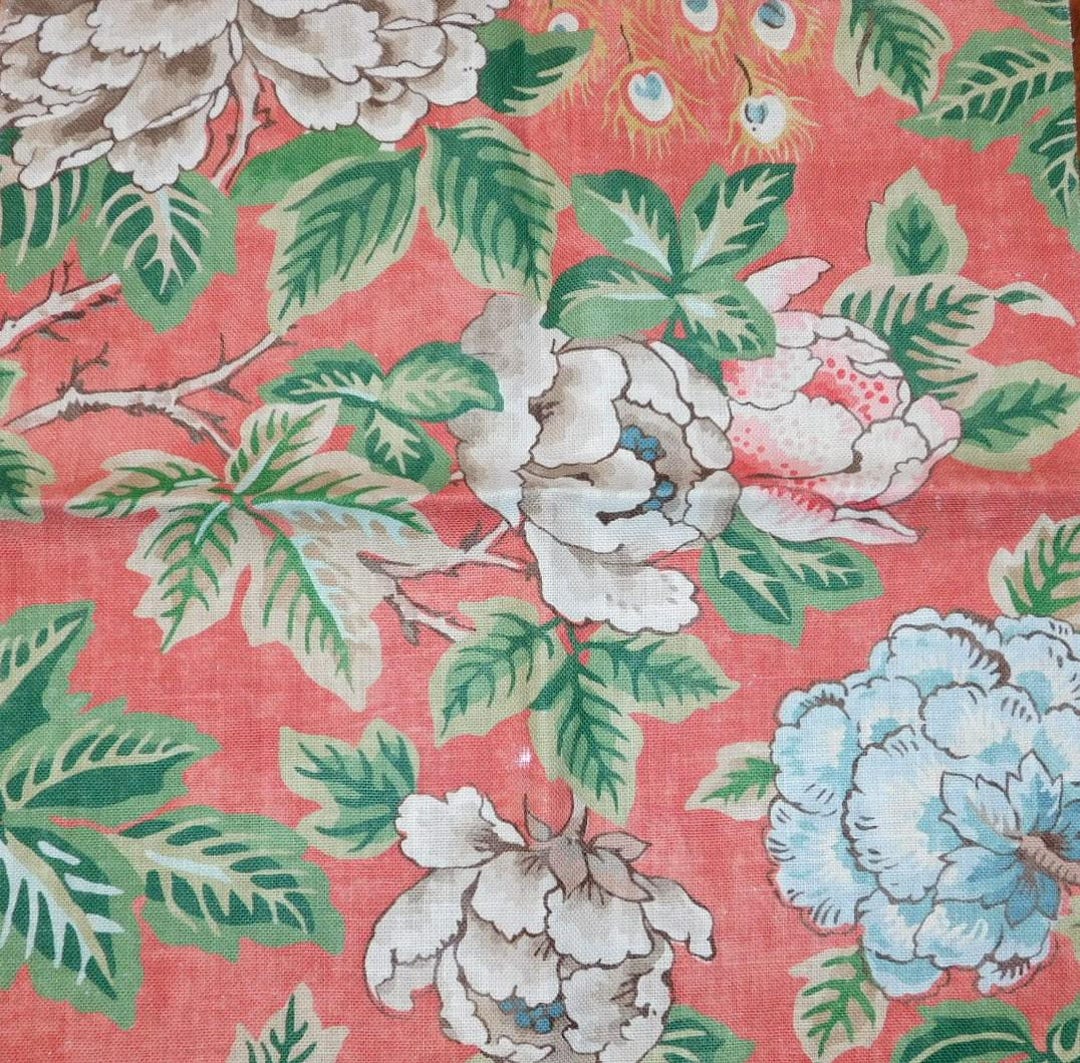 COLEFAX & FOWLER Lovely Birds Floral Linen Print Fabric 10 Yards Red ...