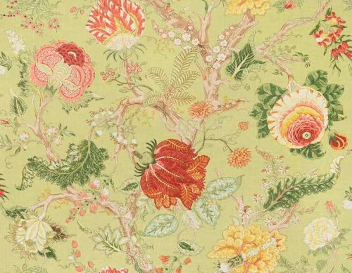 CLARENCE HOUSE JACOBEAN Tree of Life Linen Fabric 10 Yards Green Coral ...
