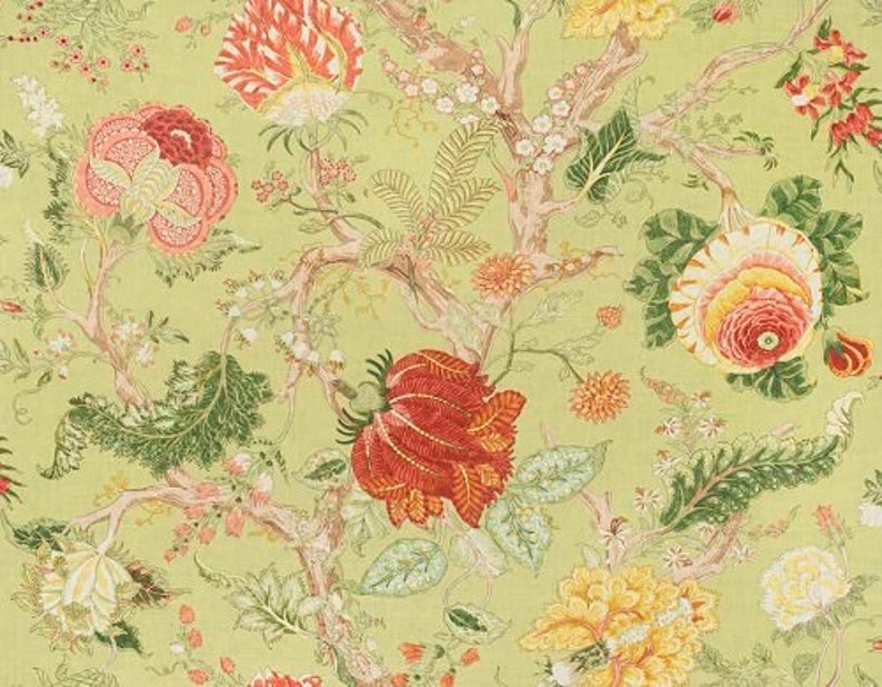 CLARENCE HOUSE JACOBEAN Tree of Life Linen Fabric 10 Yards Green Coral ...