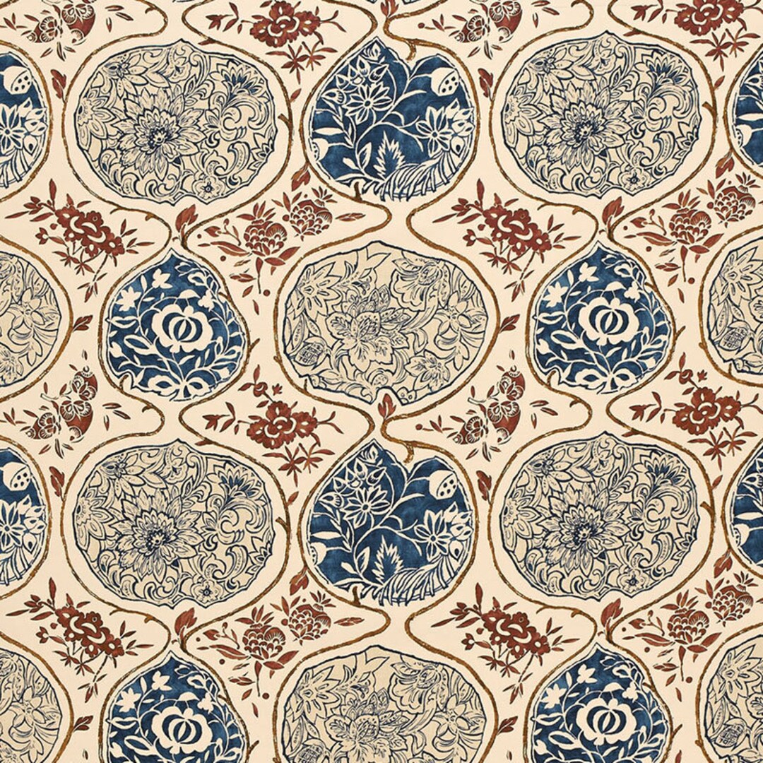 SCHUMACHER Chinoiserie Japanese Katsugi Fabric 10 Yards Indigo Cinnabar ...