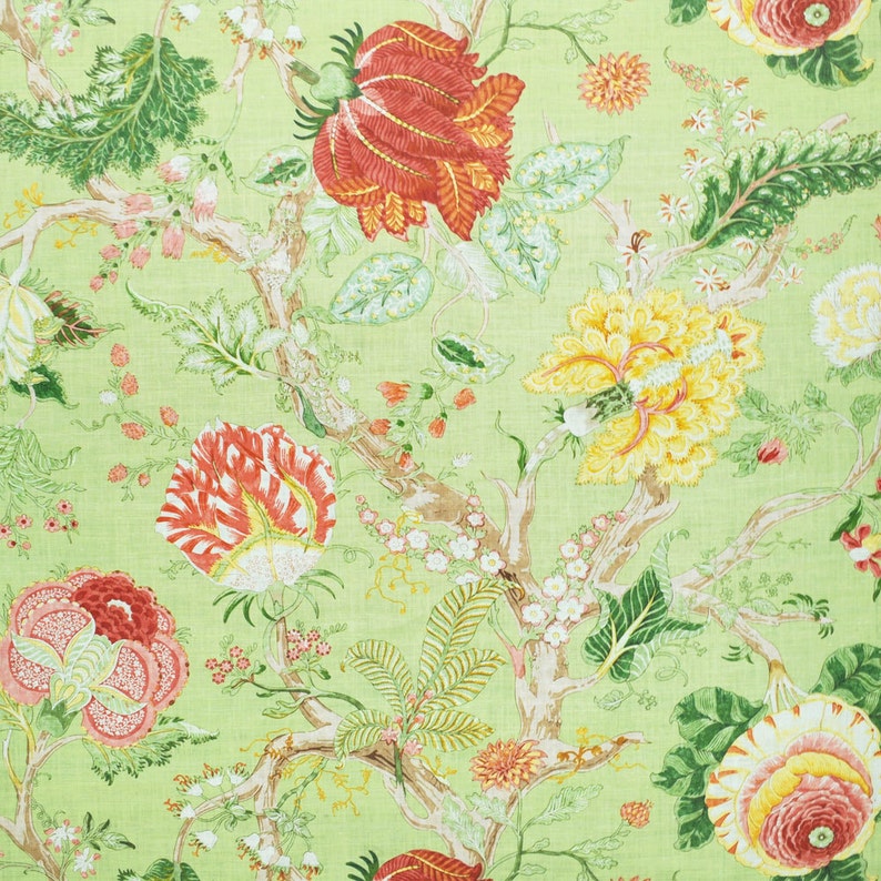 CLARENCE HOUSE JACOBEAN Tree of Life Linen Fabric 10 Yards Green Coral ...