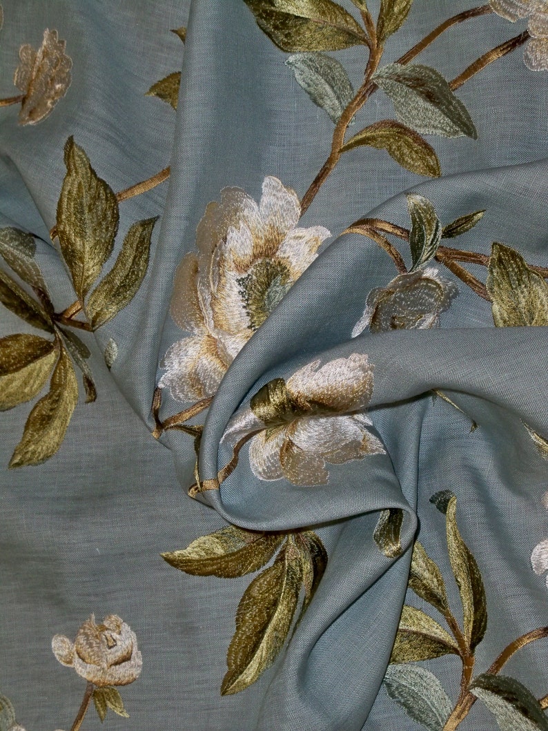 COLEFAX & FOWLER Shabby Cabbage Roses Embroidered Linen Fabric 3 Yards ...