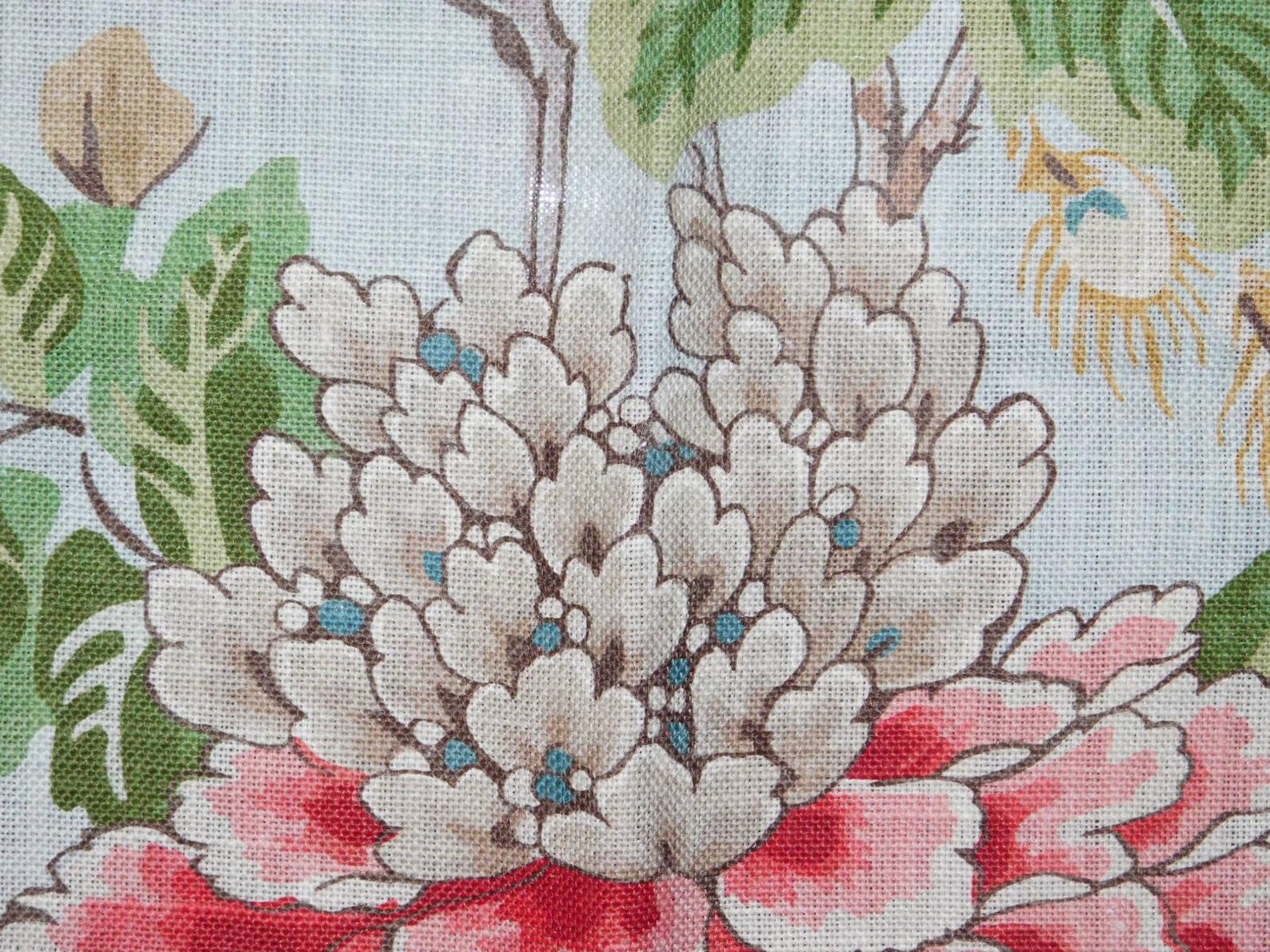 COLEFAX & FOWLER Lovely Birds Floral Linen Print Fabric 10 Yards Aqua ...