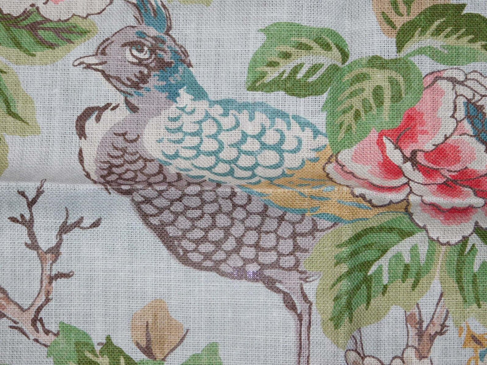 COLEFAX & FOWLER Lovely Birds Floral Linen Print Fabric 10 Yards Aqua ...