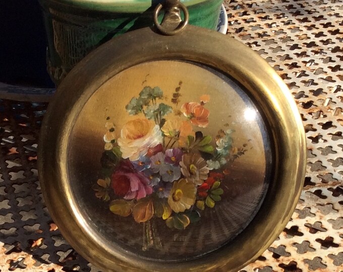 French Miniature Round Vintage Floral Oil Painting on Canvas, in a ...