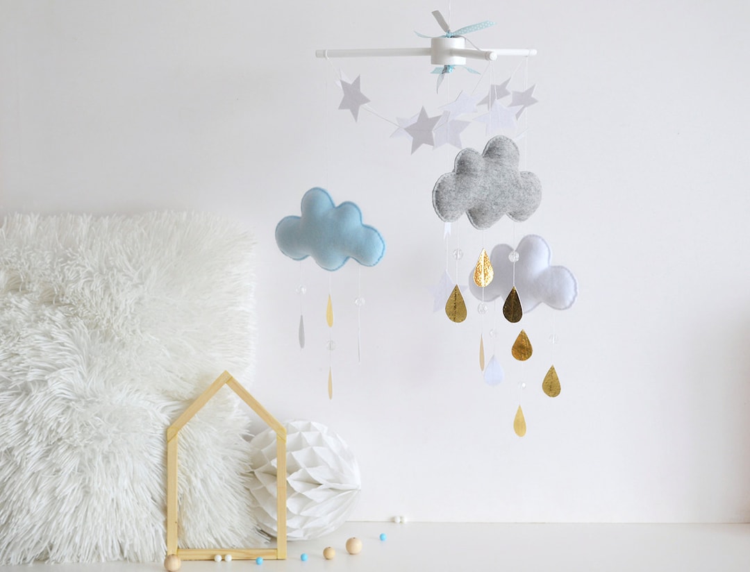 Baby Mobile - Cloud Mobile - Raindrop Mobile - Felt Mobile - Gold ...