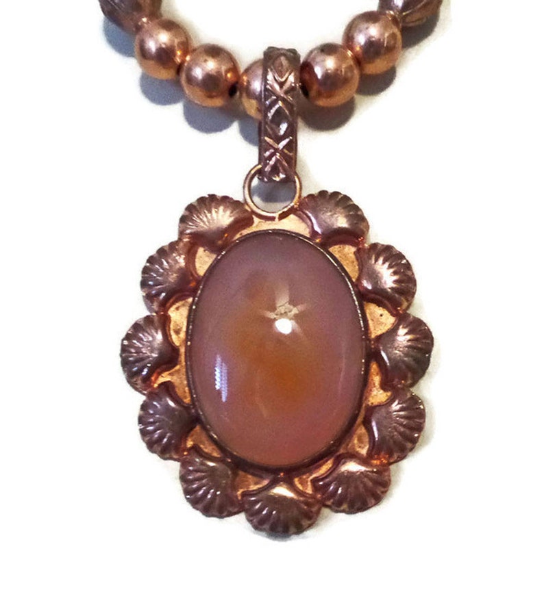 Copper Bead Necklace Pink Stone Cameo Pendant - Etsy