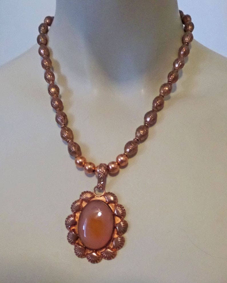Copper Bead Necklace Pink Stone Cameo Pendant - Etsy