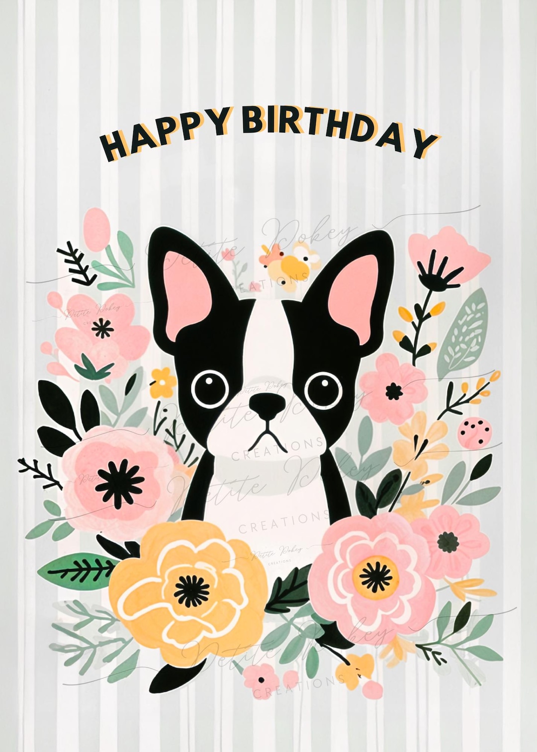 Boston Terrier Birthday Card, Floral Dog Greeting Card - Etsy