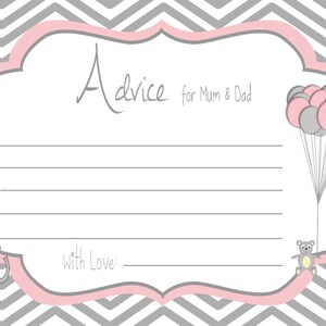 Advice for Mum and Dad Card, Printable Baby Shower Game Pink, Grey ...