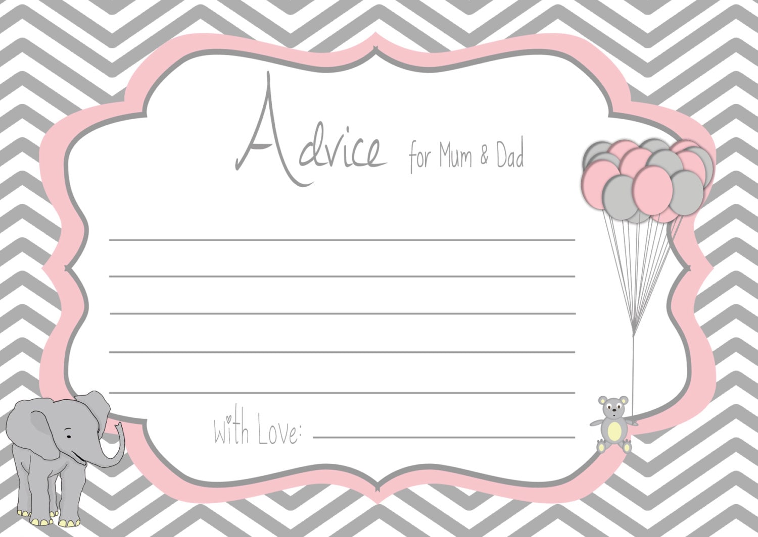 Advice for Mum and Dad Card, Printable Baby Shower Game Pink, Grey ...