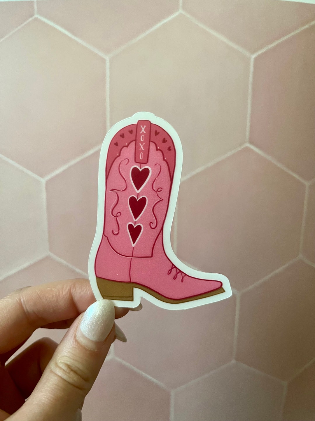 Pink Cowgirl Boot Sticker - Clear Border Waterproof Vinyl Cowboy Boot ...