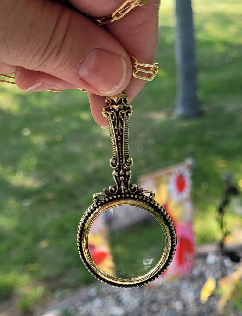 Magnifying Glass Necklace, Lariat Magnifying Necklace, Gold Bronze ...